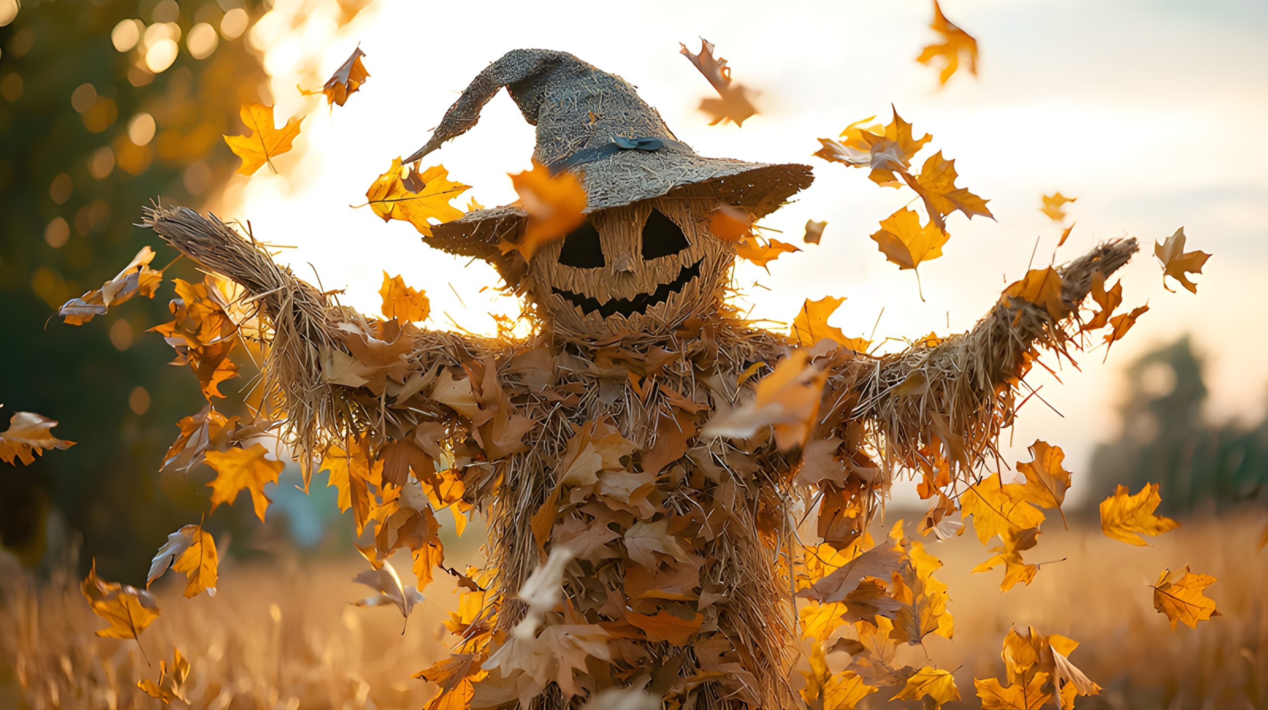 Autumn Scarecrow With Falling Leaves in a Golden Field - Impossible ...