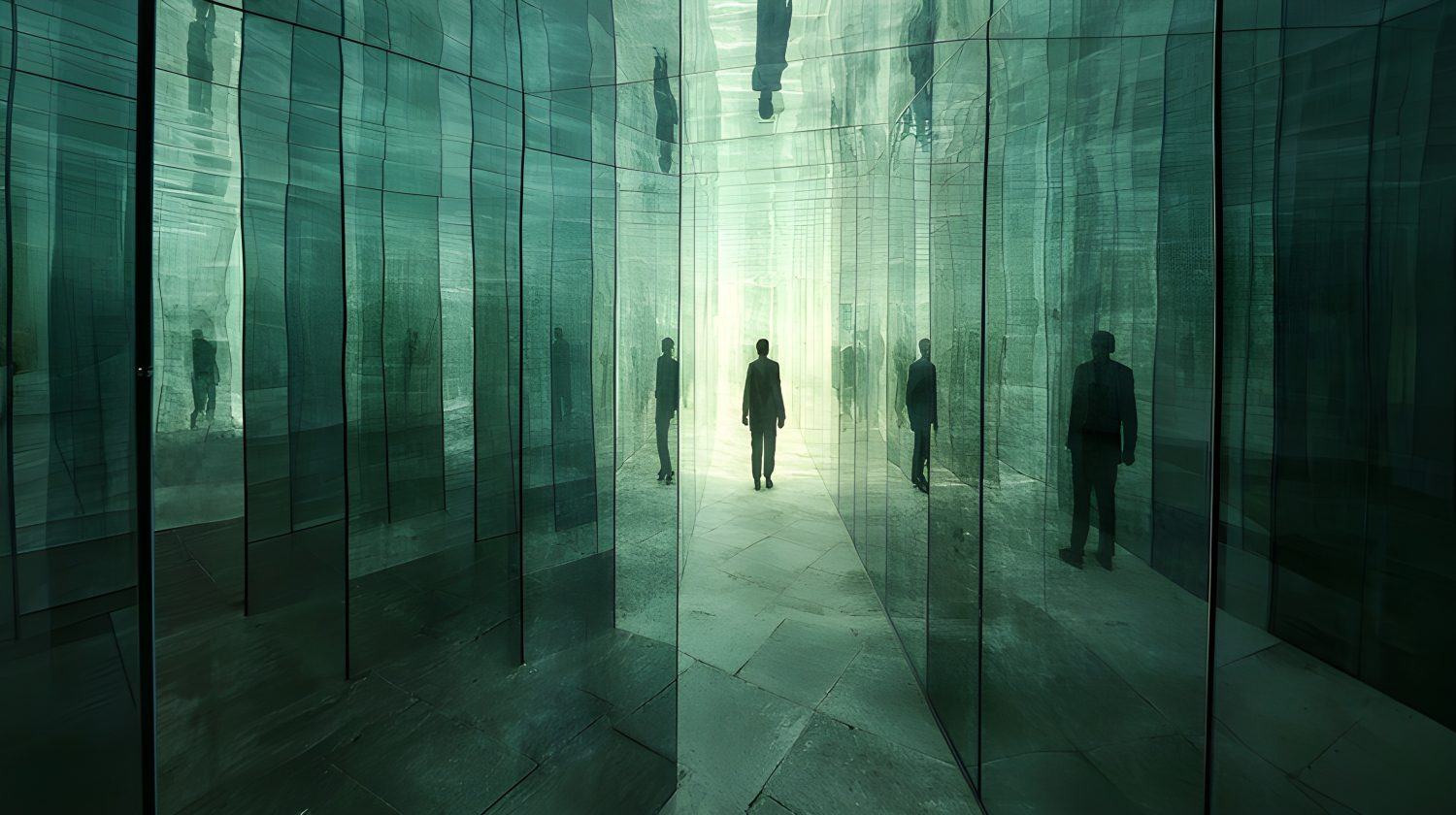 A lone figure walks through a mirrored hallway of shifting reflections ...