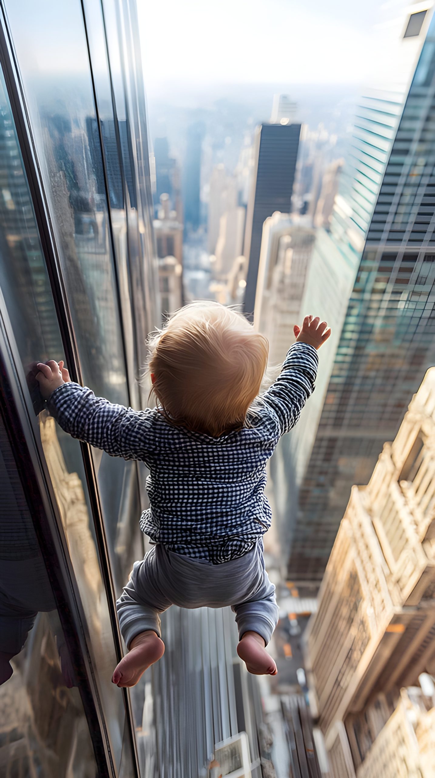 Baby Hanging Over The Edge Of Skyscraper, Looking Down At City Below ...