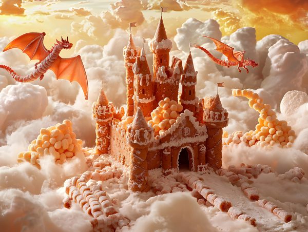 A Gingerbread Castle In The Clouds With Dragons Flying By - Impossible ...