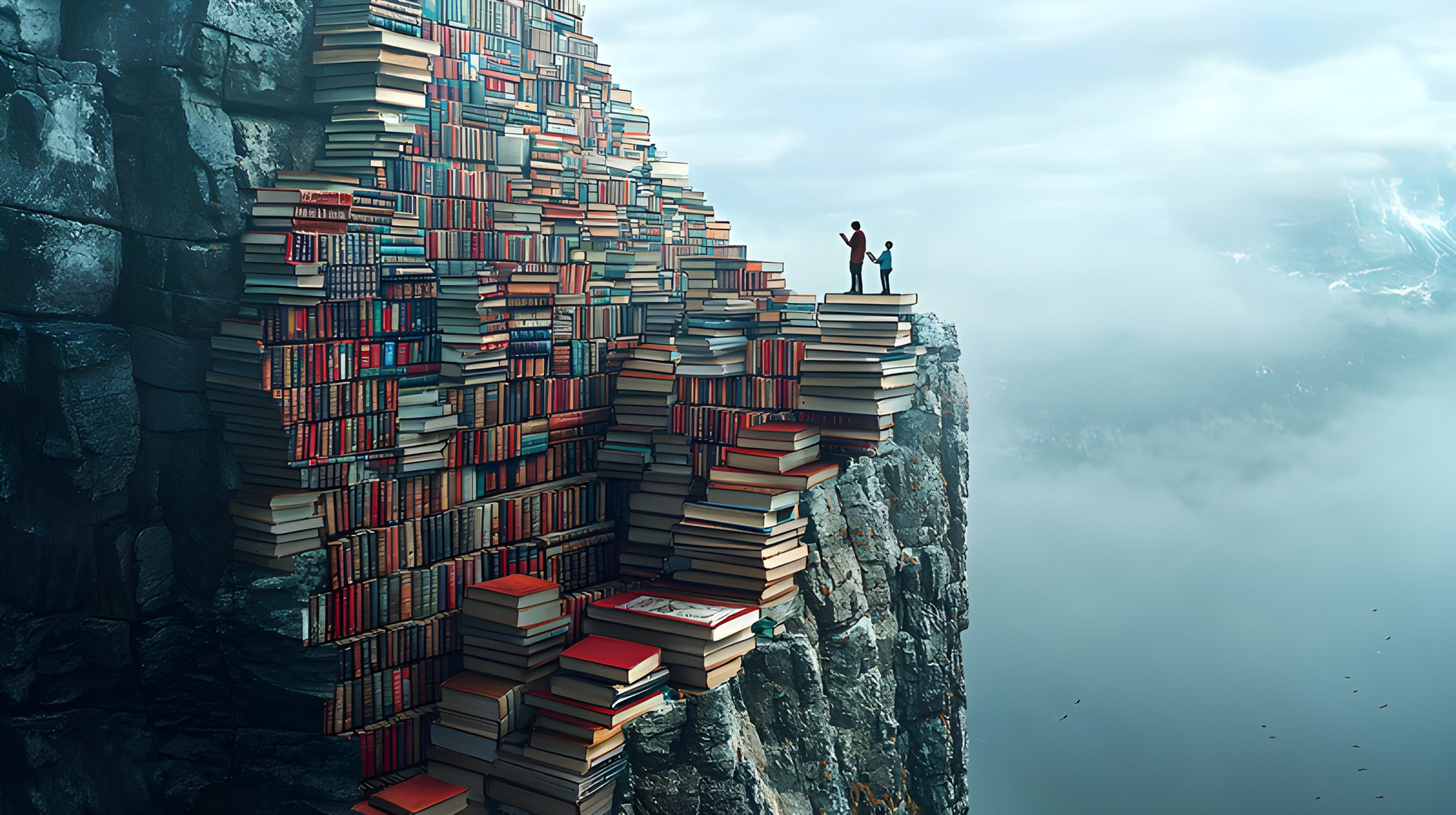 A Mountain of Books, A Journey of Knowledge, Two Figures Standing on ...