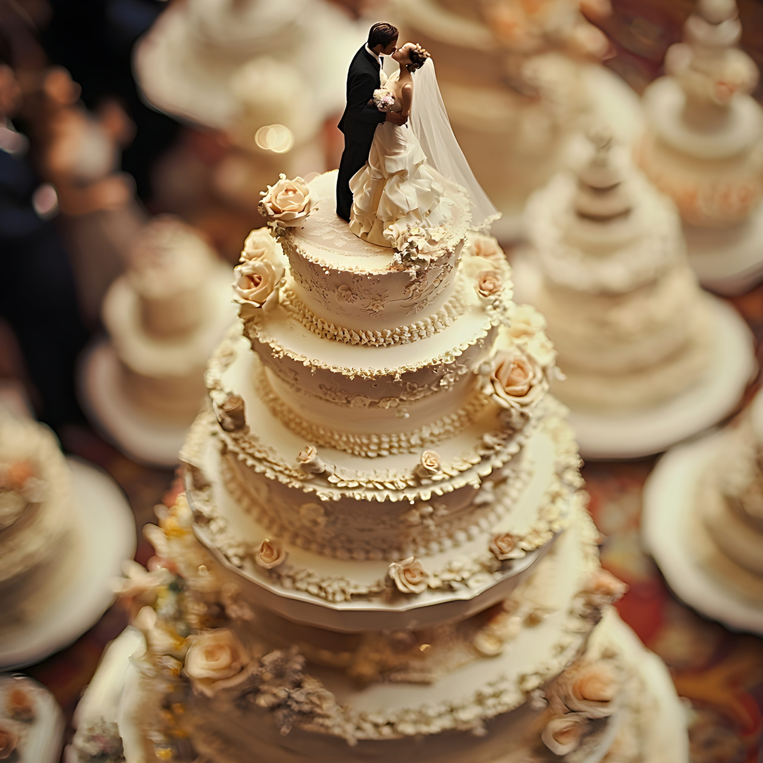Wedding Cake with Miniature Bride and Groom on Top Surrounded by Other ...