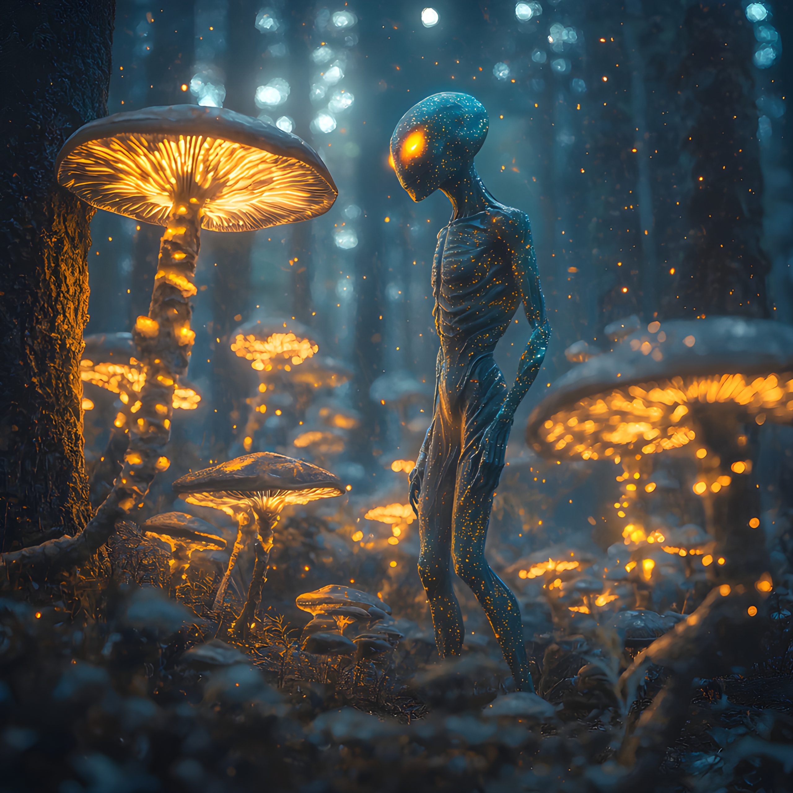 A Glowing Alien Stands in a Forest of Bioluminescent Mushrooms ...