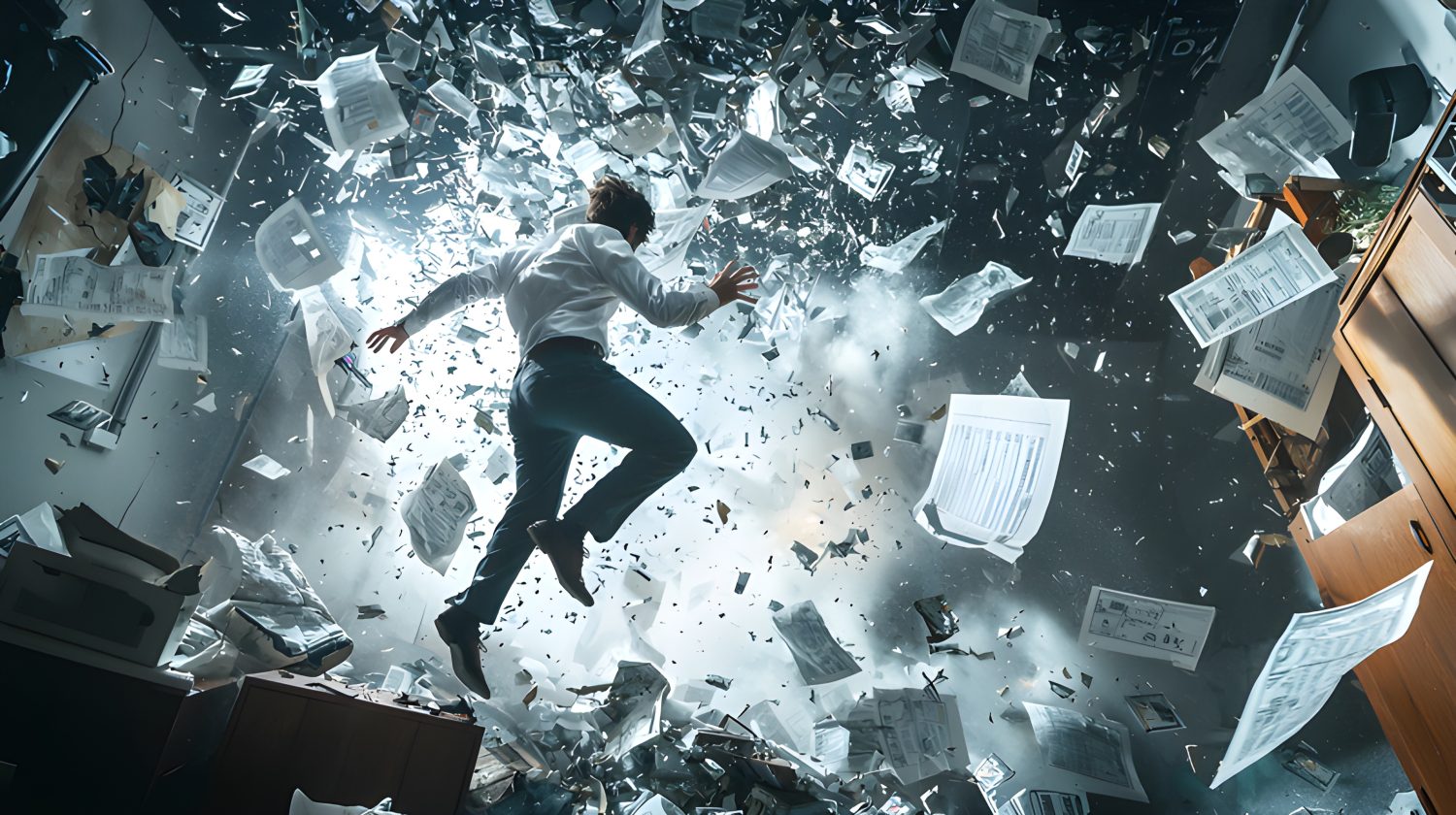 Man Running Through Paper Tornado in Office Chaos - Impossible Images ...