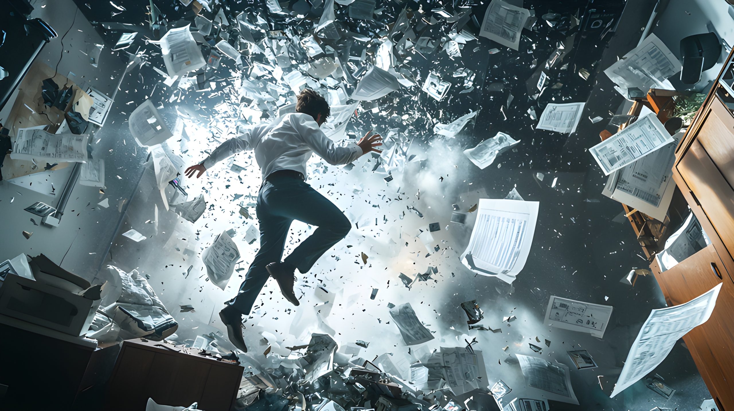 Man Running Through Paper Tornado in Office Chaos - Impossible Images ...