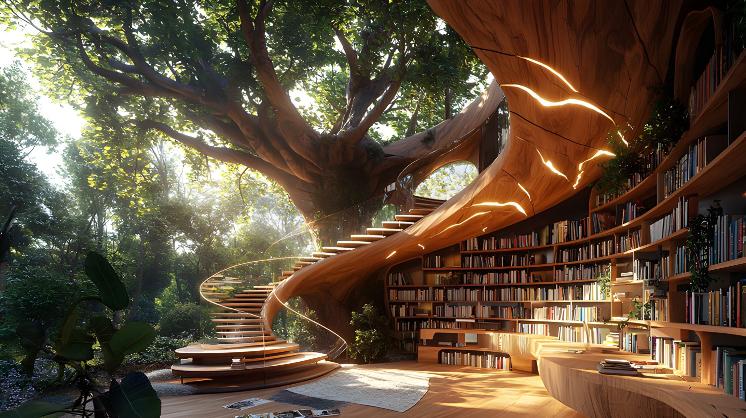 A treehouse library nestled amongst the lush greenery of a forest ...