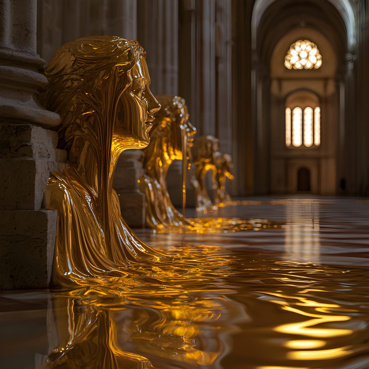 Golden Statues Drowned in Liquid Gold Within a Cathedral Hallway ...