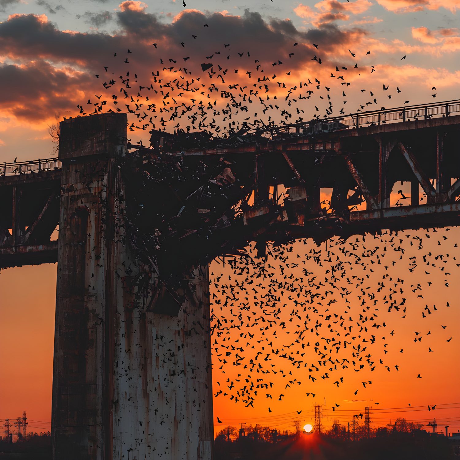A Ruined Bridge Silhouetted Against a Fiery Sunset, Swathed in a Swarm ...