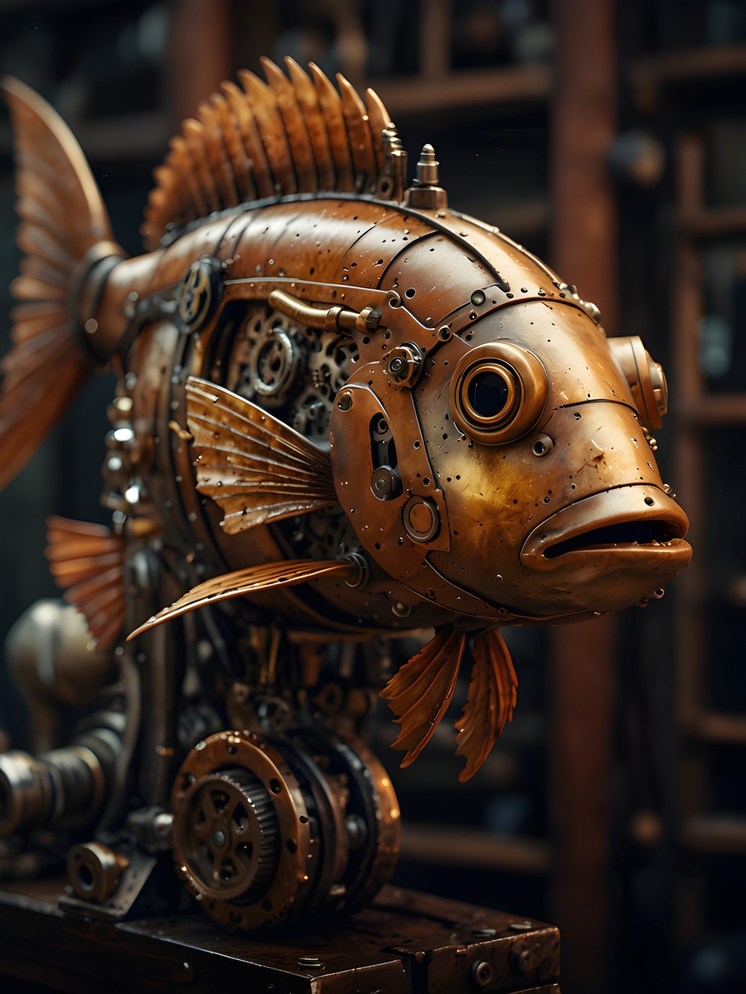 A Steampunk Fish Sculpture with Glowing Eyes and Intricate Gears ...