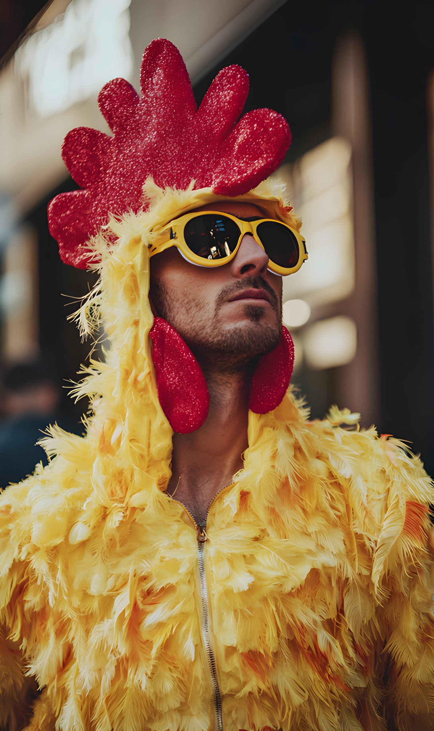A Chic Rooster in Yellow Feather Jacket and Shades - Impossible Images ...