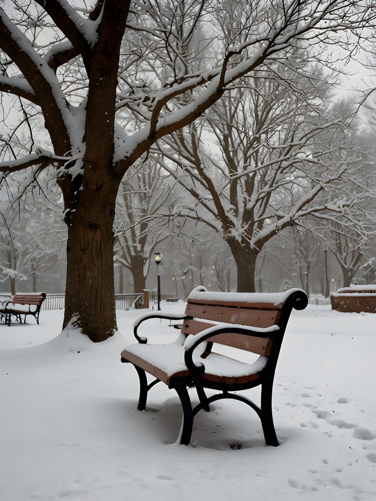 Snowy Park Bench Under Winter Trees - Impossible Images - Unique stock ...
