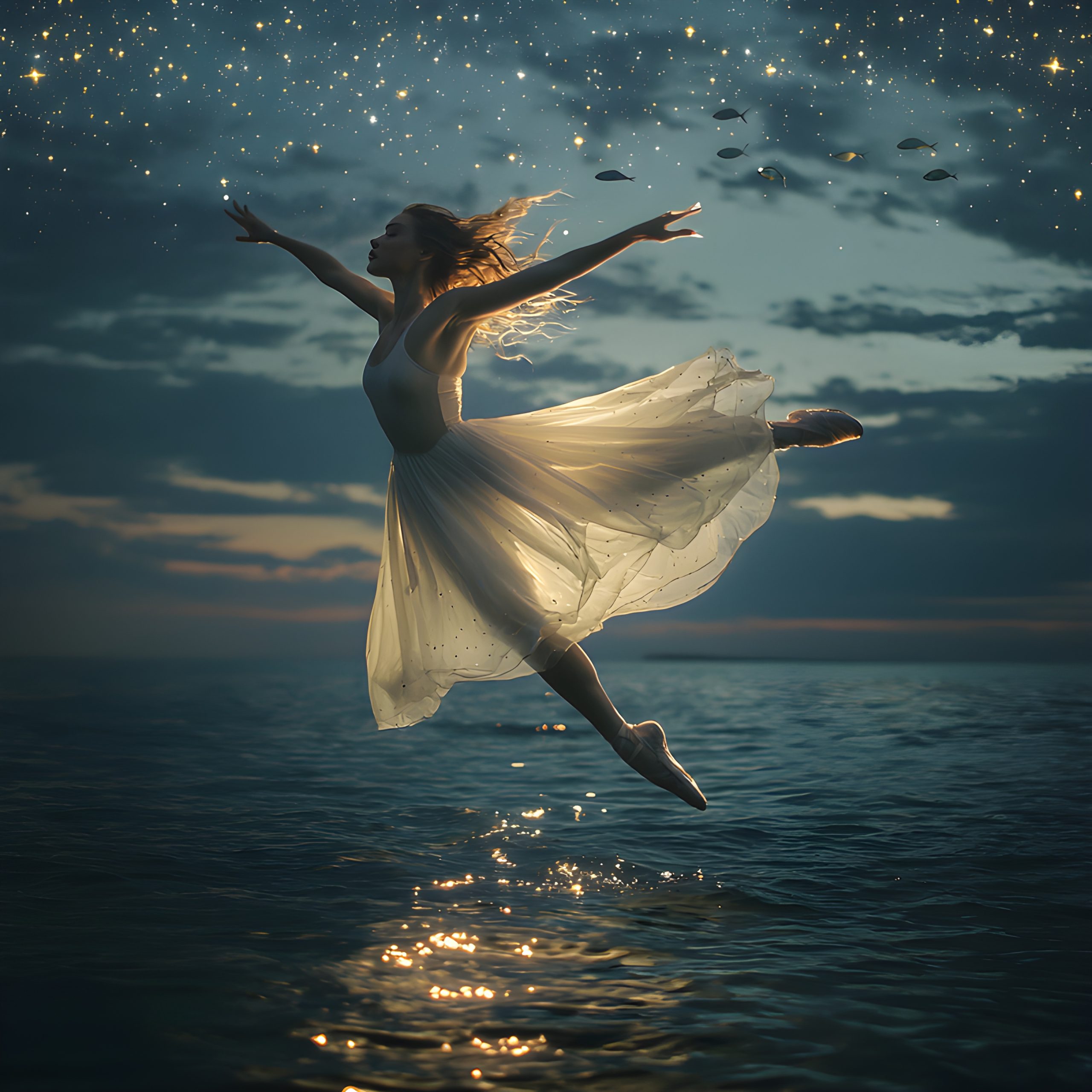 Ballerina Leaps Under Starry Night - Impossible Images - Unique stock images for commercial use.