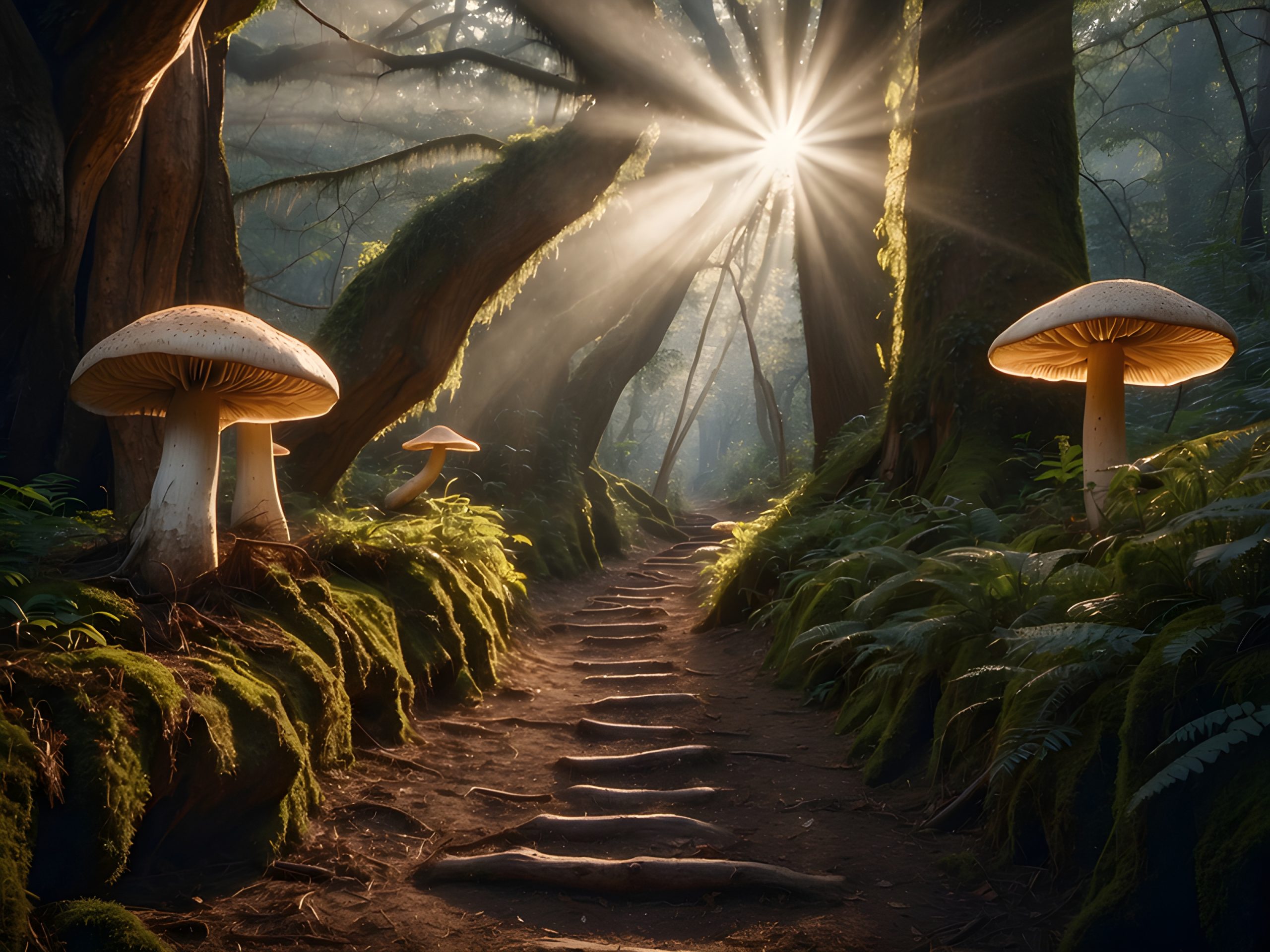 Sunlit Forest Path Mushrooms - Impossible Images - Unique stock images ...