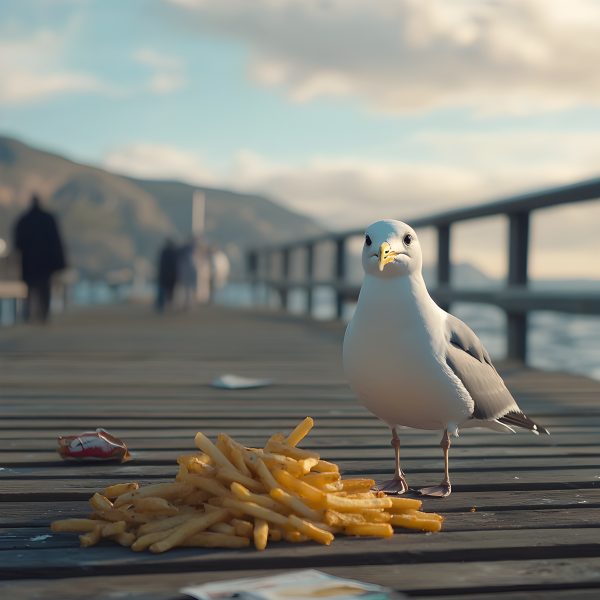 Seagull eyeing french fries on pier - Impossible Images - Unique stock ...