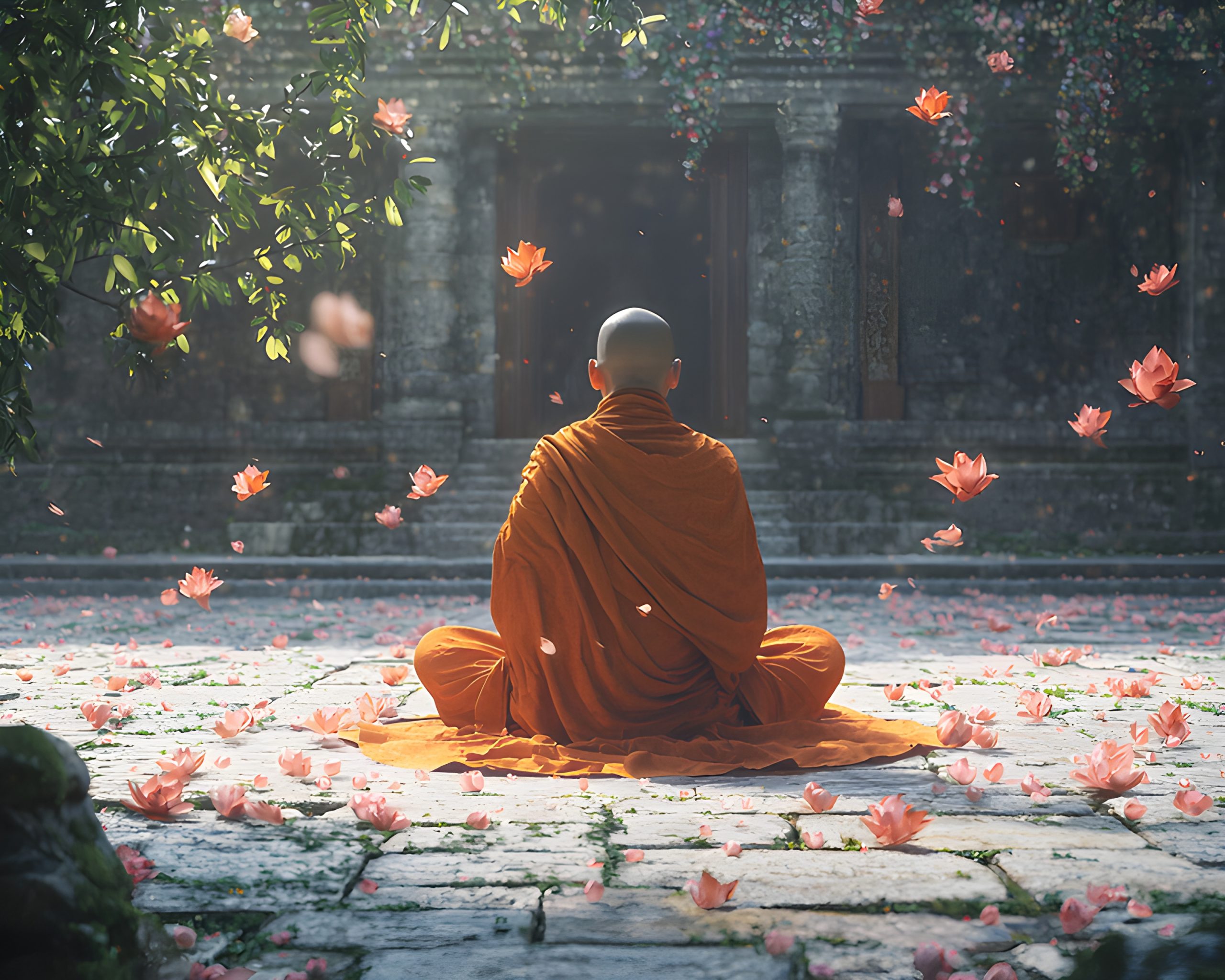 Monk Meditating Amidst Falling Petals - Impossible Images - Unique ...