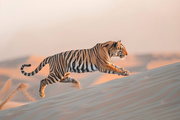Tiger leaping across desert sand - Impossible Images - Unique stock ...